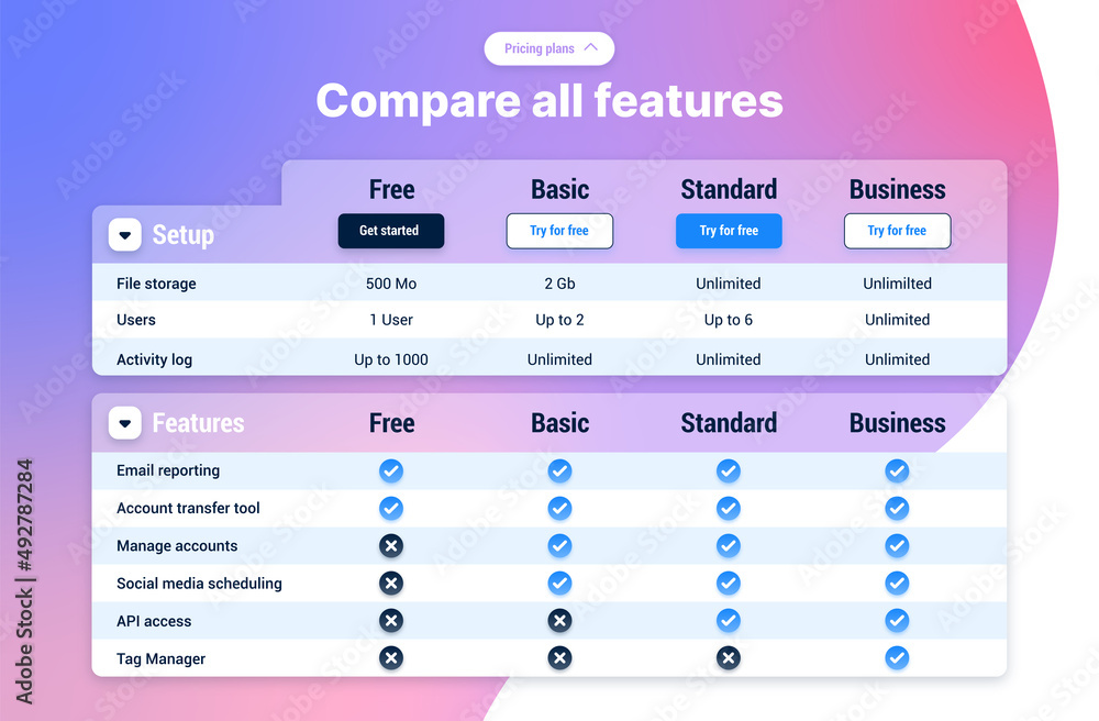 Compare features template, pricing plans web page interface vector ...