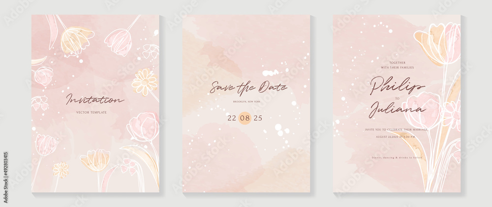 Floral and botanical line art invitation card template. Set of hand ...