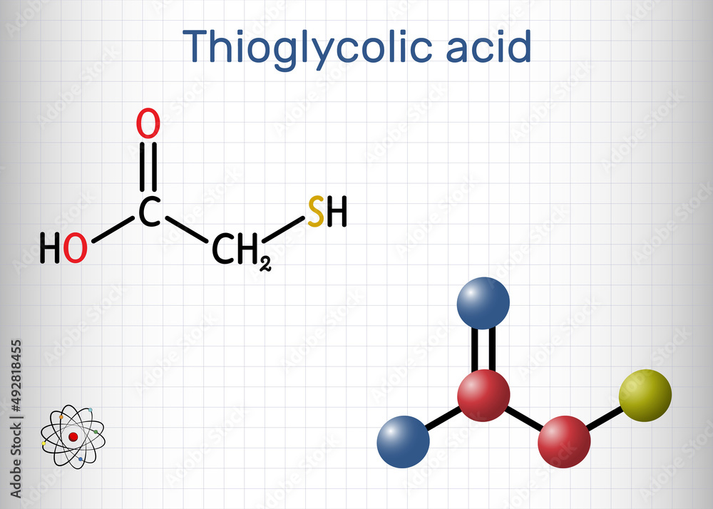 Thioglycolic acid, TGA, mercaptoacetic acid molecule. It is sulfur ...