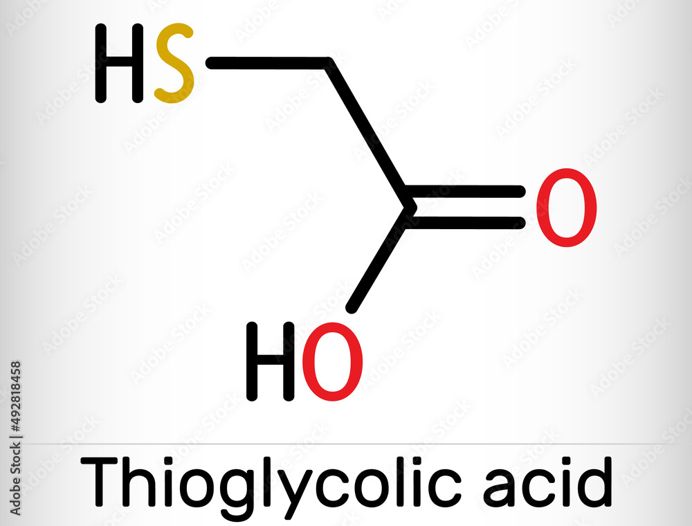 Thioglycolic acid, TGA, mercaptoacetic acid molecule. It is sulfur ...