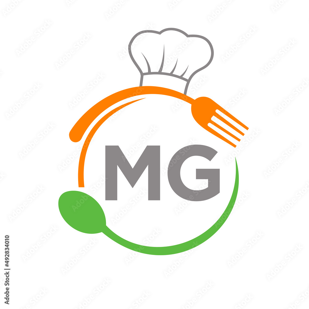 Letter MG Restaurant Logo with Chef Hat Spoon And Fork Template ...