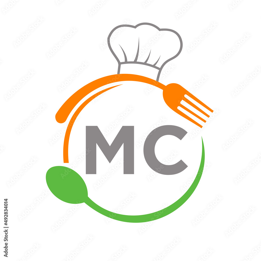 Letter MC Restaurant Logo with Chef Hat Spoon And Fork Template. Restaurant Logo On Letter MC ...