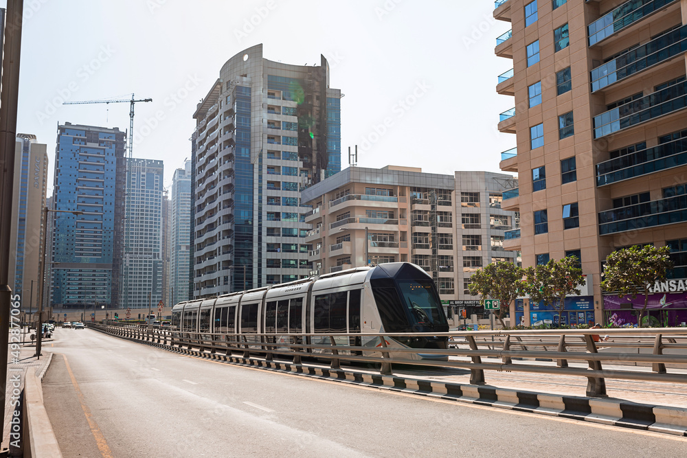 Dubai, UAE - November 06, 2021: Dubai Tram public transport transit ...