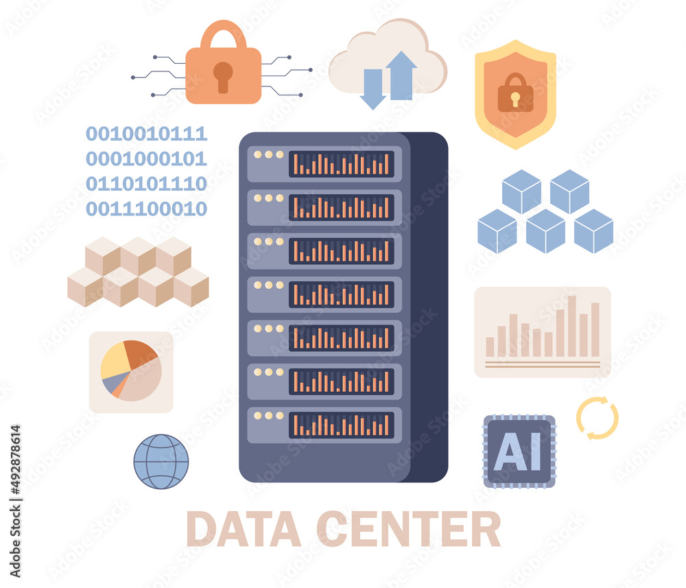 Data center. Cloud computer connection database server hosting. AI chip, machine learning ...