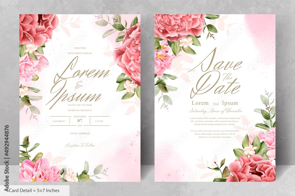 Realistic Watercolor Floral Wedding Invitation Card Template with Hand ...
