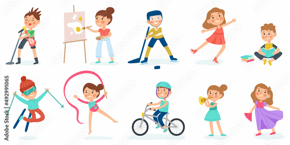 Kids creative and sport hobbies, baby musician, dancer, artist. Reading ...