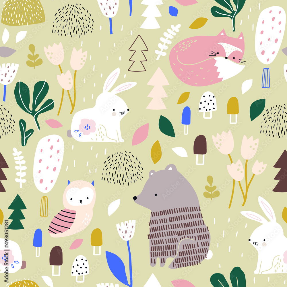 Seamless forest pattern with bear, bunny, owl, fox and forest elements ...
