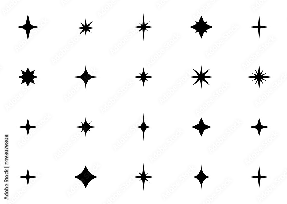 Black sparkling stars. Different twinkling stars collection. Star icons, sparks, shining ...
