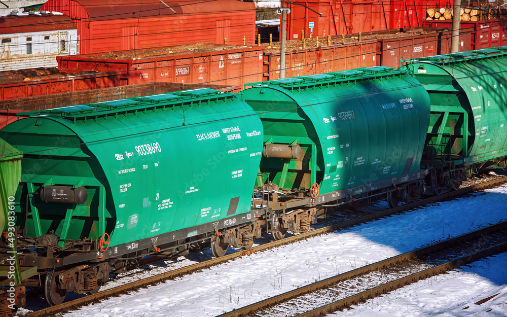 Minsk, Belarus. Feb 2022. Hopper wagon with mineral fertilizers. Cargo ...