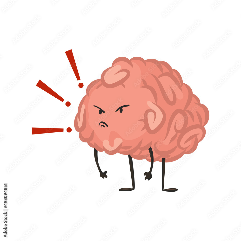 Brain character emotion. Intelligence emoji is angry. Cute hero brain ...