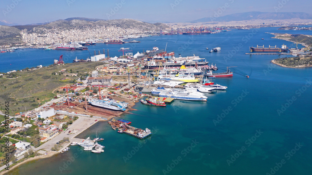 Photo Stock Aerial drone photo of shipyard in old port of Salamina ...