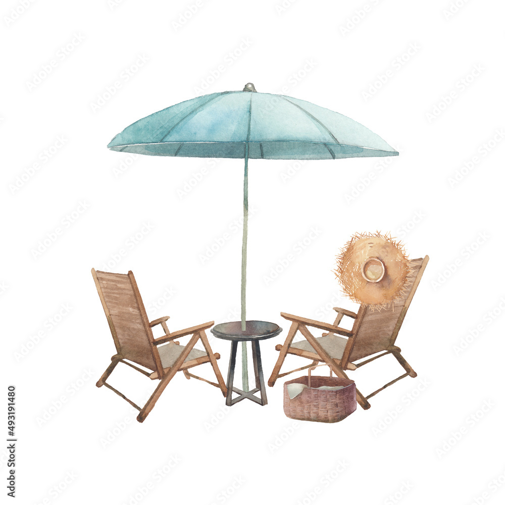 Watercolor beach lounge set. Hand drawn illustration with isolated on ...