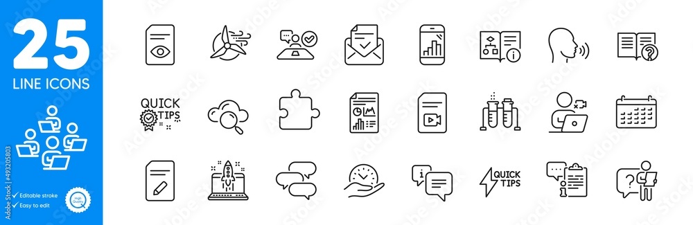 Outline icons set. Technical algorithm, Quickstart guide and Human sing icons. Clipboard ...