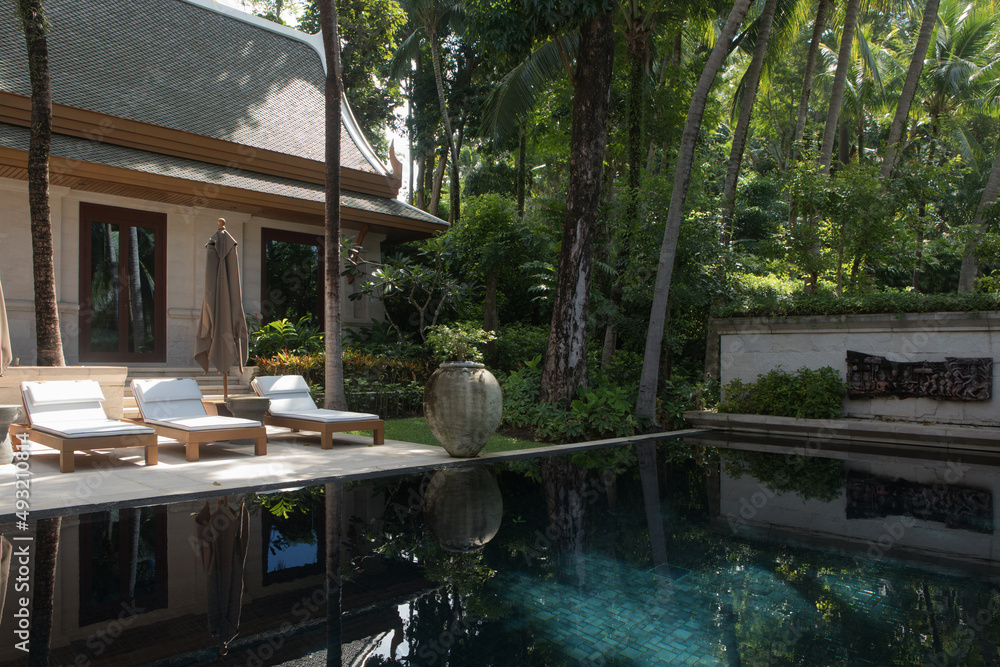 view of nice thai style villa in tropic environment Stock Photo | Adobe ...