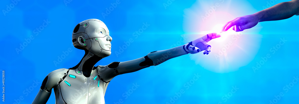 robot reaches up to touch a human hand igniting a spark and bright ...