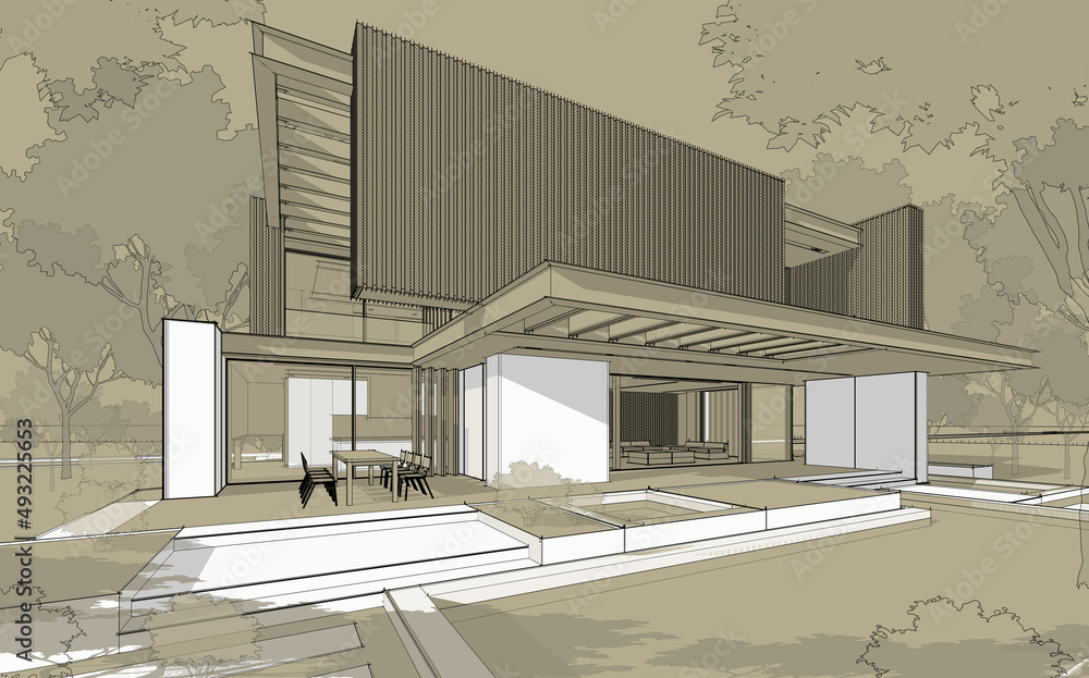 3d rendering of modern cozy house with parking and pool for sale or ...