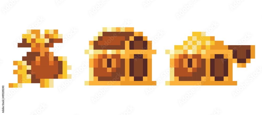Treasure chests open and close, bag full of golden coins pixel art icon ...