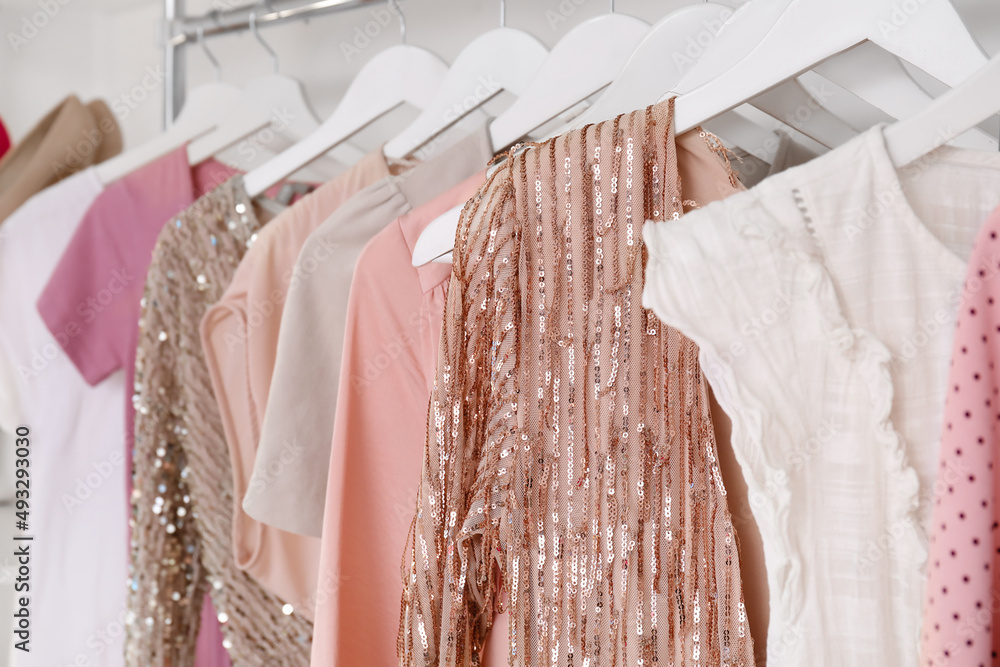 Beautiful dresses for high school prom in shop, closeup Stock Photo ...