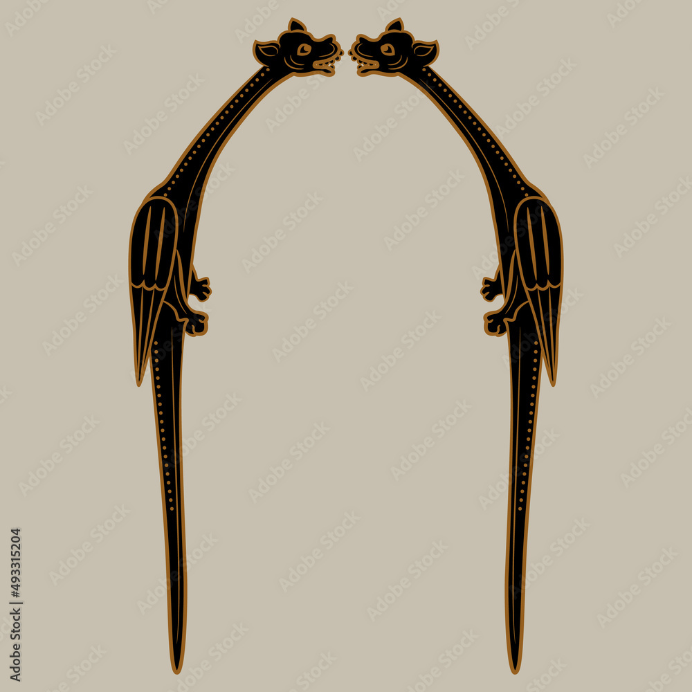 Symmetrical design or frame with two medieval winged dragons. Gothic ...