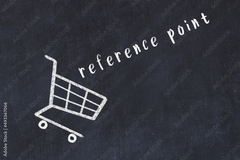 Chalk drawing of shopping cart and word reference point on black ...