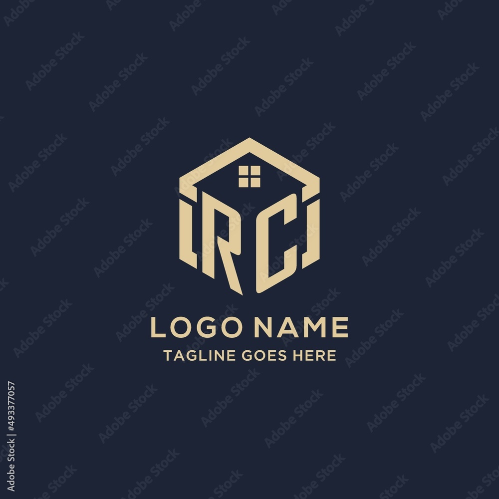 Initials RC logo with abstract home roof hexagon shape, simple and ...