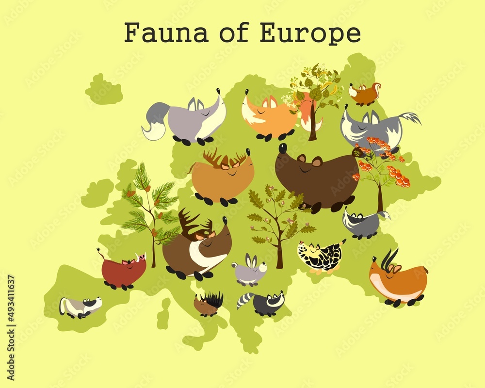 Fauna of Europe. Animal map of Europe. Children's educational poster ...