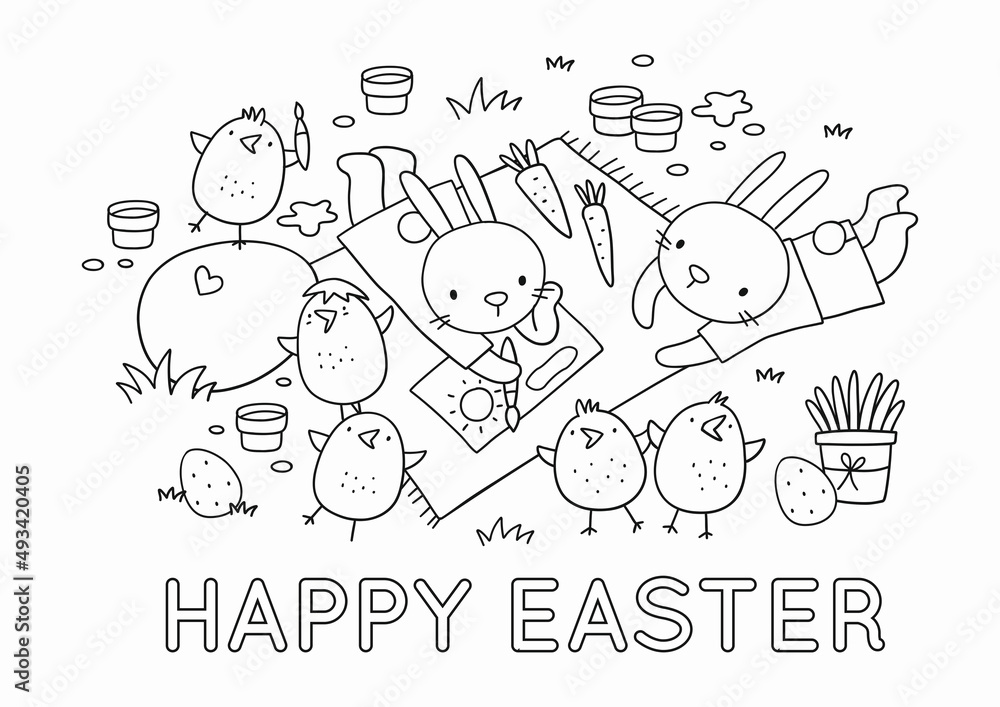Happy Easter. Cute cartoon coloring page. Big vector coloring poster ...