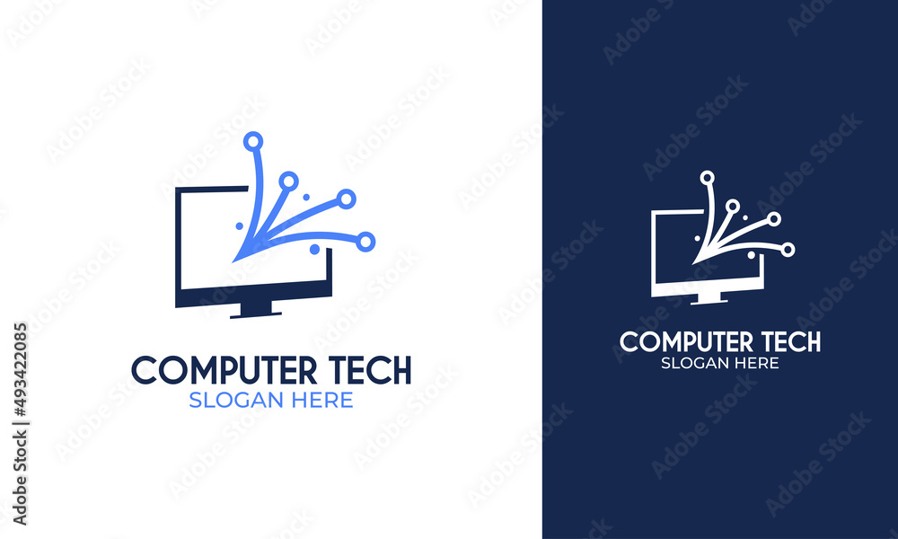 Computer network logo design with monitor icon for technology education ...