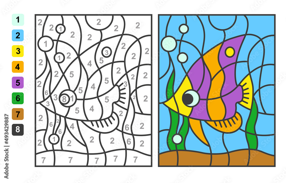 Color by numbers sea and ocean life. Puzzle game for children education ...