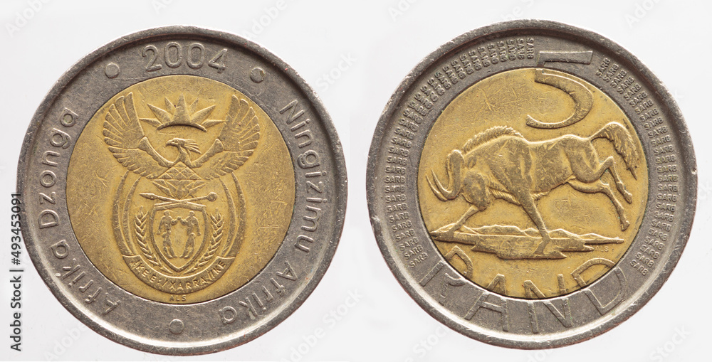 a 5 Rand coin of South Africa with the coat of arms and the motto ...