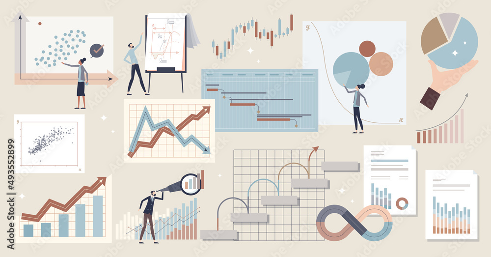 Graphs and financial analysis bars with pie charts tiny person ...