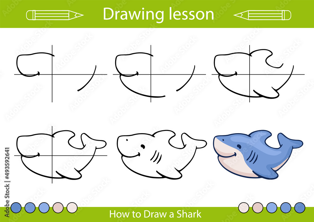 Drawing lesson. How to draw a Shark? Tutorial step by step. Kids ...