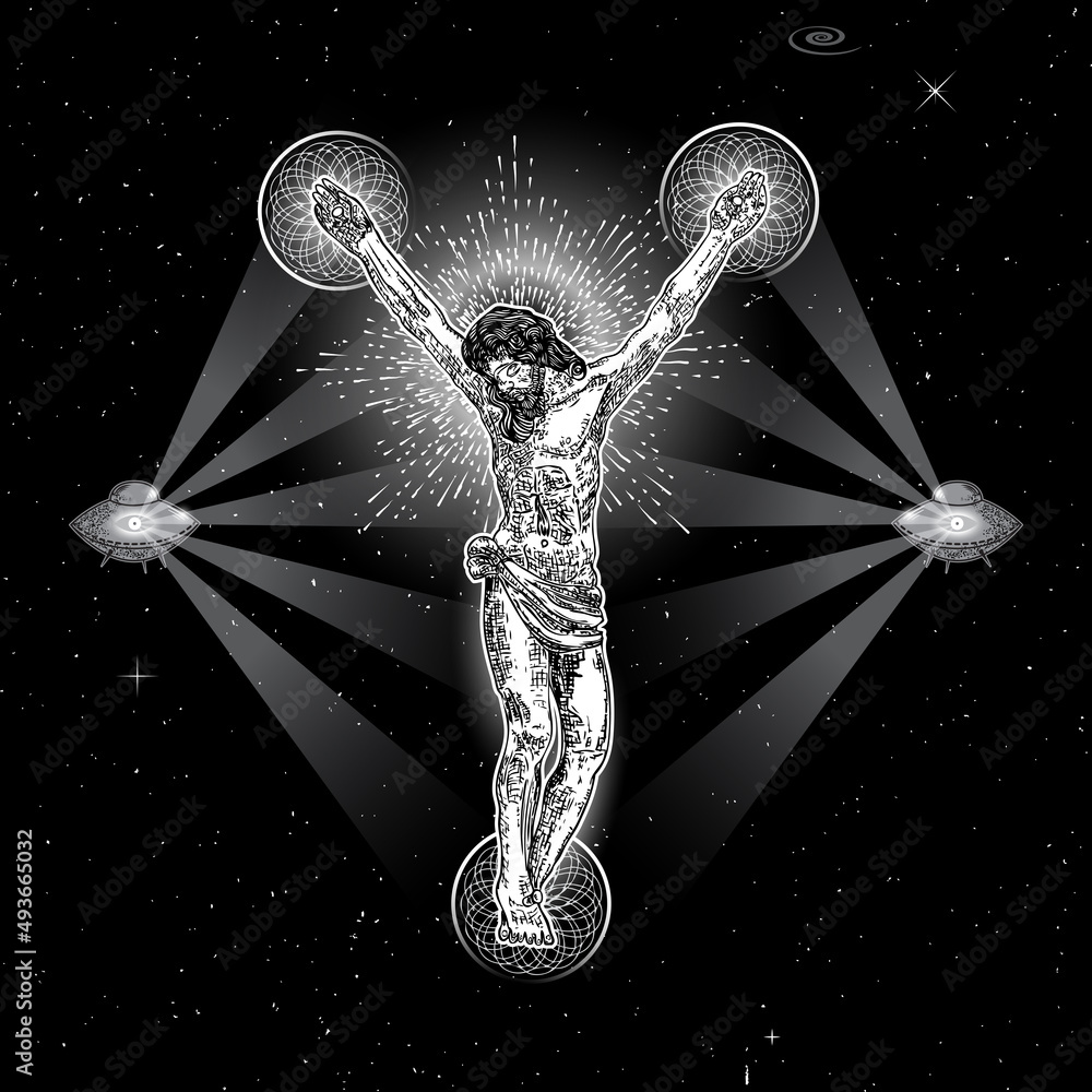 Vector de Stock Jesus Christ crucifixion in the starry sky space tattoo ...
