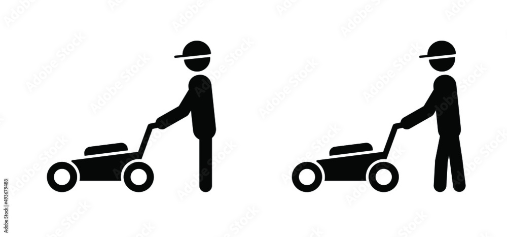 Stickman, stick figure man with lawnmower. Vector icon or pictogram ...