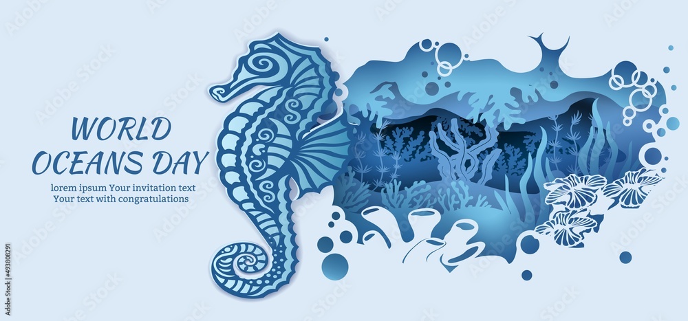 Text - world ocean day. Seahorse. template for making a postcard ...