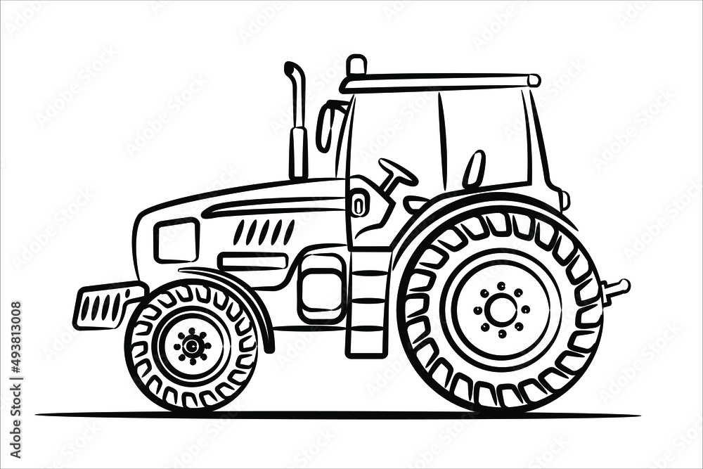 A hand drawn line art of a tractor. Outline agrimotor, side view ...