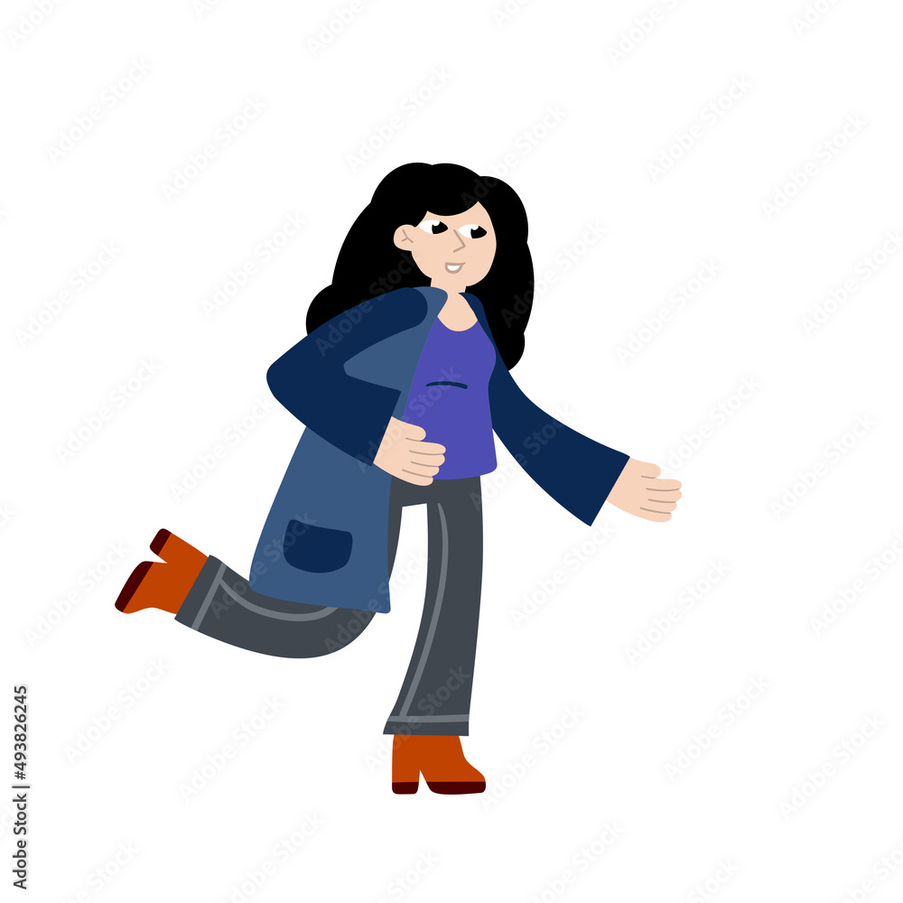 Woman runs. Hurrying character in coat. Flat cartoon illustration ...