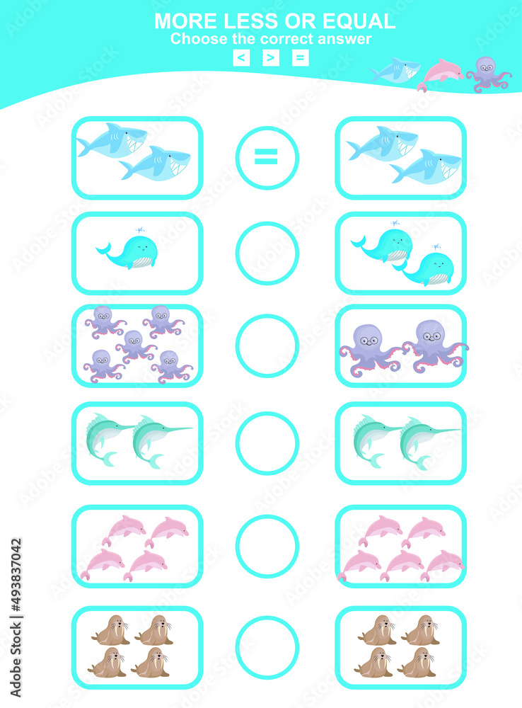 Choose more, less or equal game. Math education worksheet with animal ...