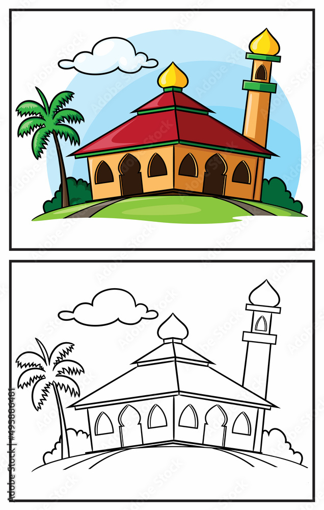 Coloring book cute mosque. Coloring page and colorful clipart character ...