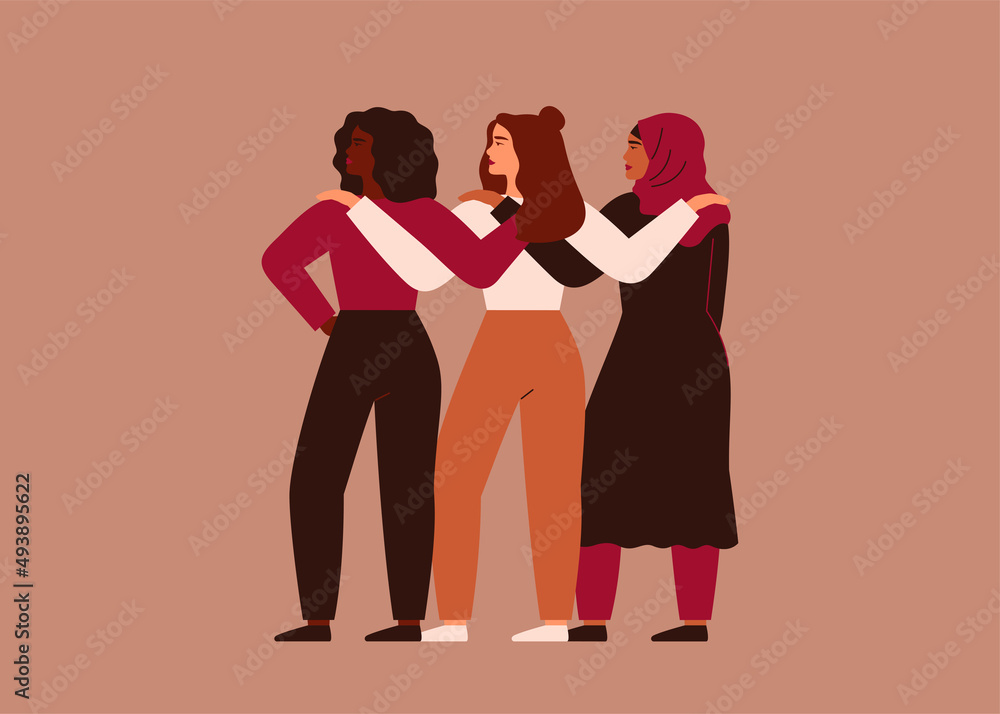 Young women of different ethnicity has their arms around each other's ...