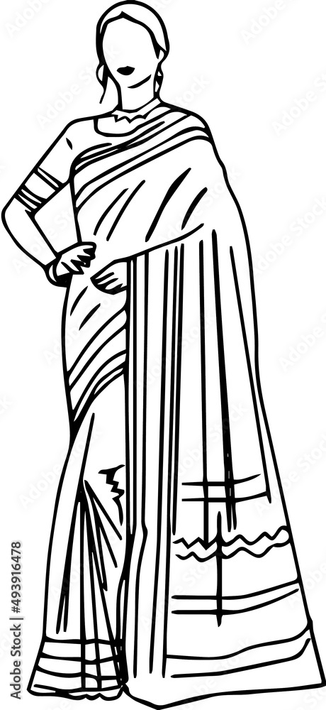 Vetor Line art outline sketch drawing of Indian woman wearing ...