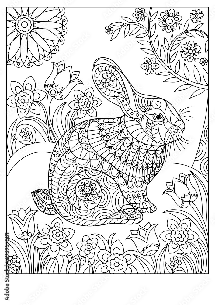 Spring rabbit coloring page for adult and children. Easter background ...