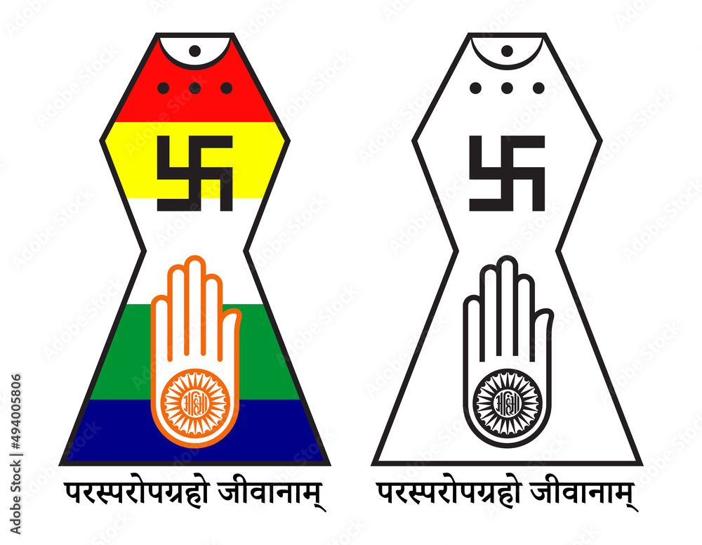 Jain logo with five colour flag background. Jainism emblem with Jain ...