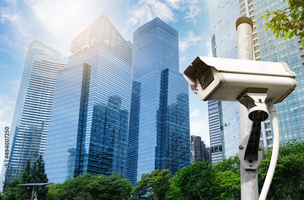 Modern public CCTV camera building background. Recording cameras for ...