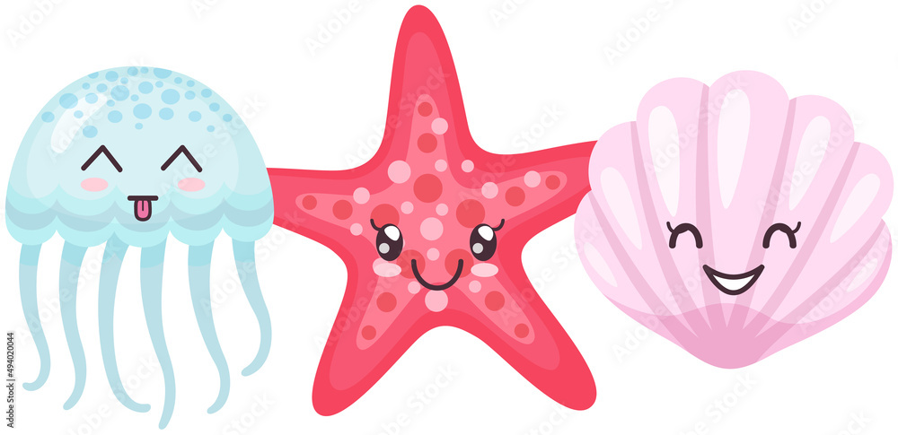 Jellyfish, starfish, shell toy icon set. Big eyes smiling face. Pink ...