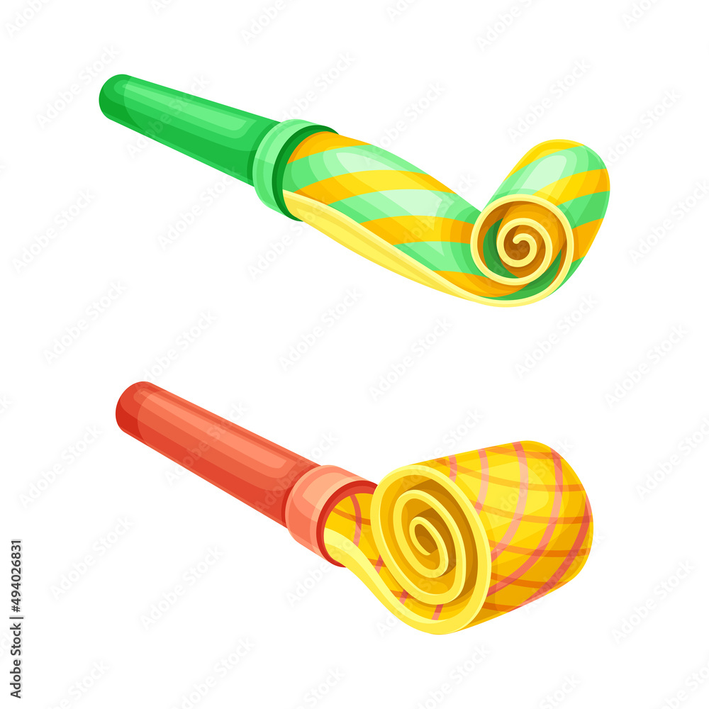 Party blowers set. Happy birthday, holiday celebration symbols cartoon ...