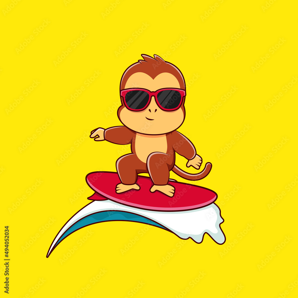 Cute monkey surfing cartoon vector illustration. Cool surfer monkey on ...