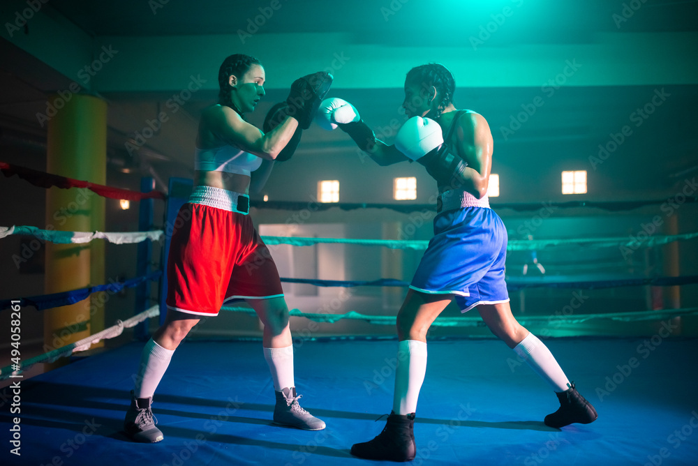 Side view of female boxers during boxing class. Two young girls ...