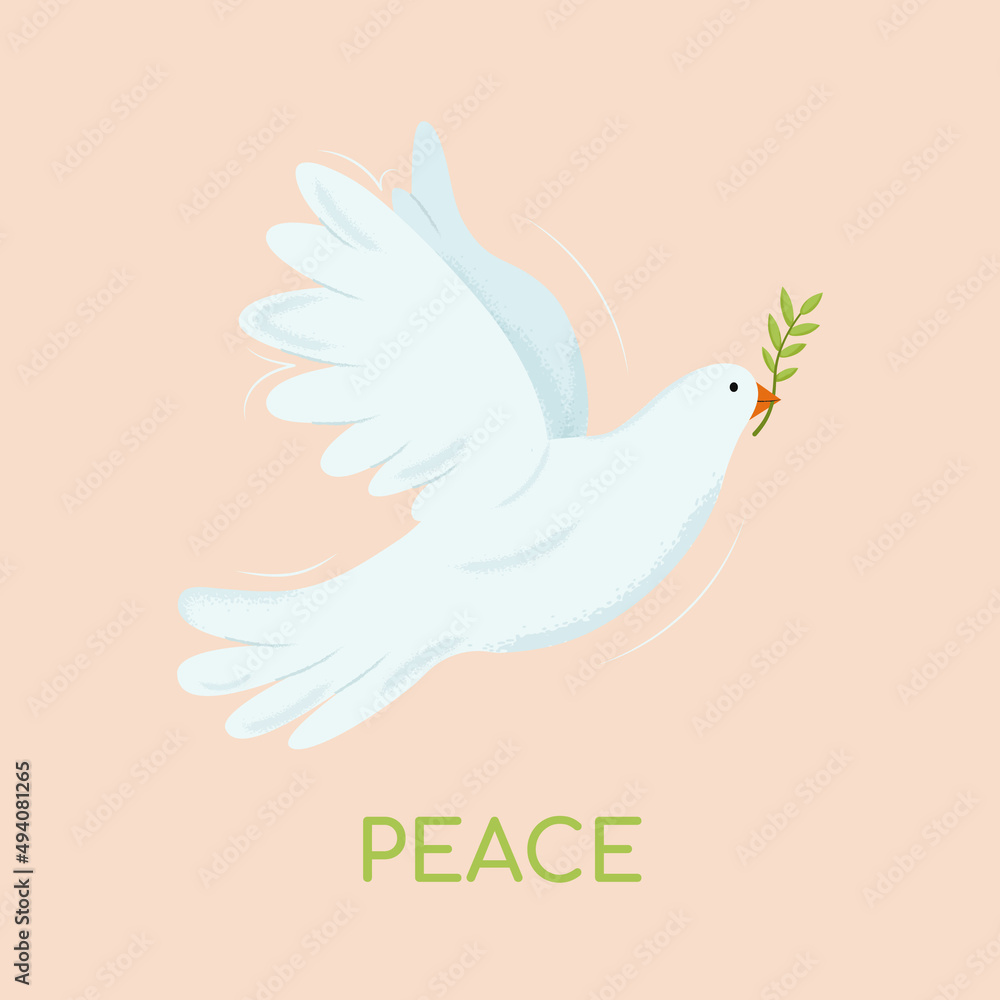 Flying pigeon of peace with olive branch on beige background ...