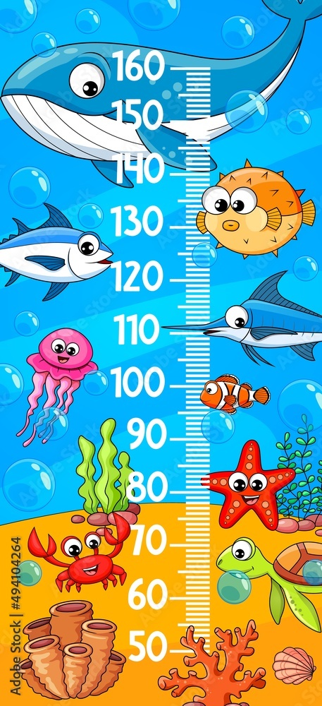 Kids height chart cartoon funny underwater animals and fish. Vector ...